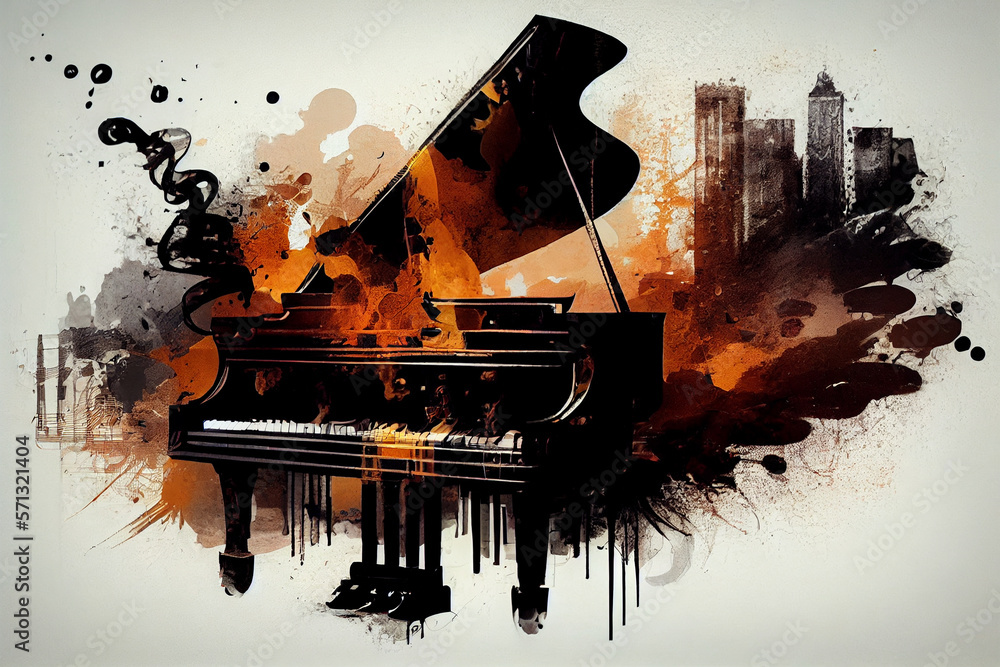 Musical Artistry: Moody Piano Illustration with Smoke and Fire Effects ...