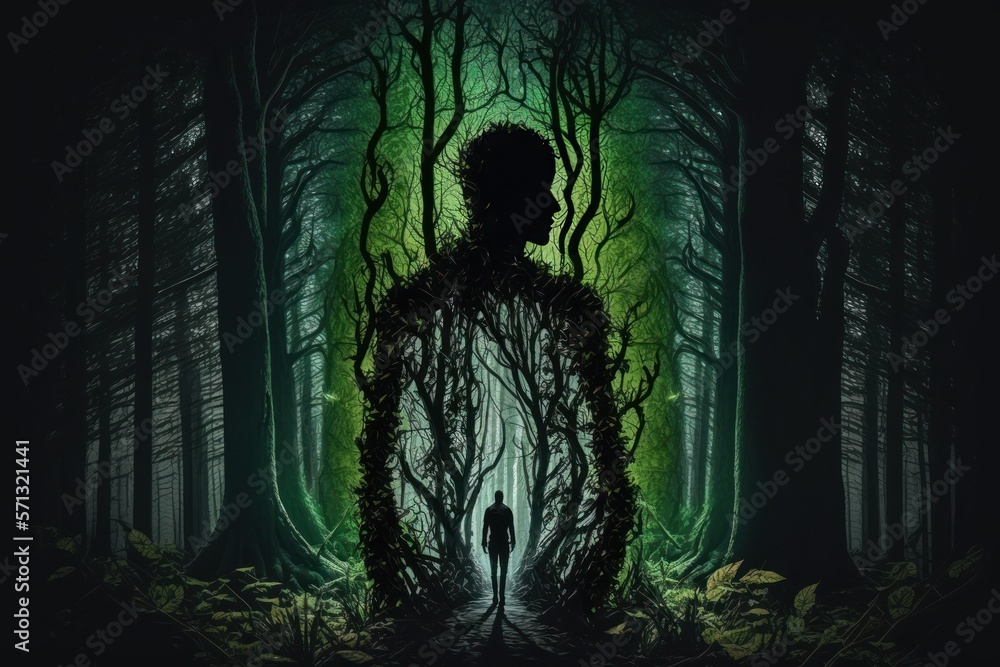 Person in the forest. Abstract art illustration of the shadow of a man ...