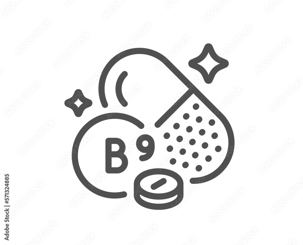 Vitamin B9 line icon. Folate food nutrient sign. Capsule or pill ...