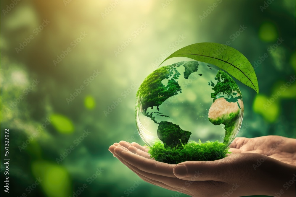 Hand of humans holding the green world with environment icon, Save the ...