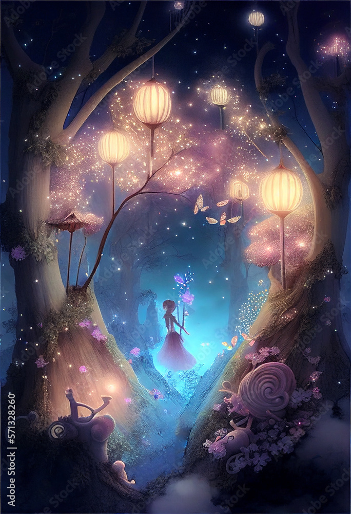 AI Generative Beautiful Fantasy World with Little Magical Lights and a ...