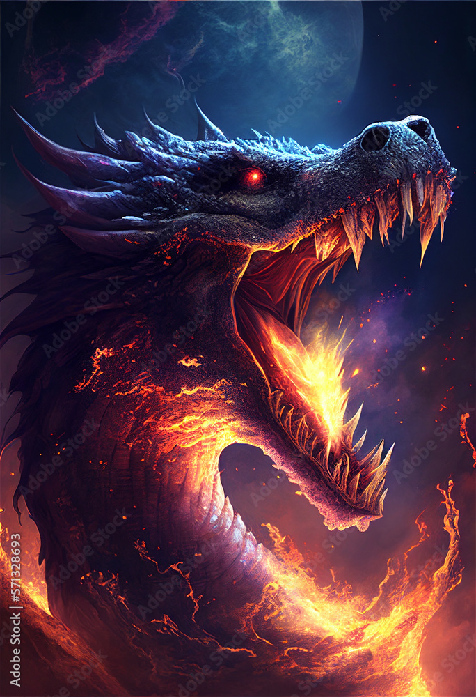 AI Generative Huge Wyrm Dragon Breathing Fire in the space Stock ...