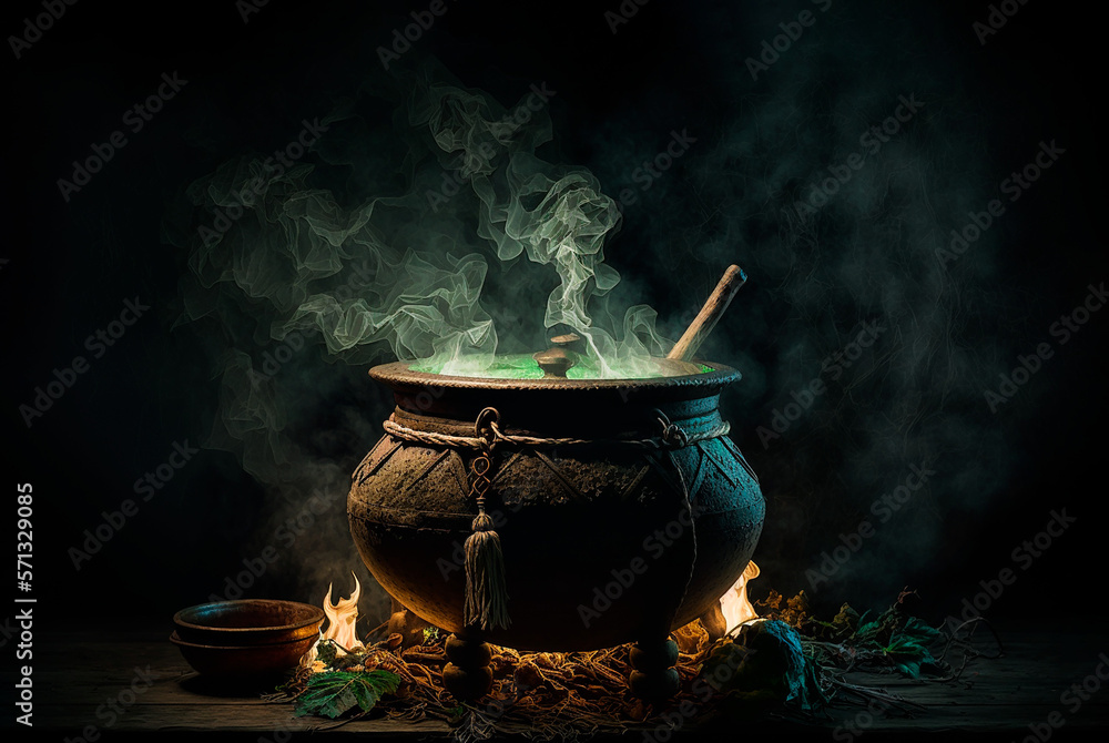Witch cauldron in a dark room green smoke. Generative AI. Stock Illustration | Adobe Stock