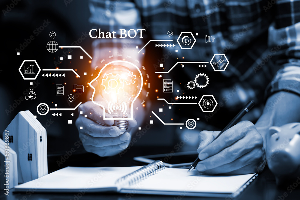 Businessman hold Laptop and touch Chat bot Chat with AI, Artificial ...