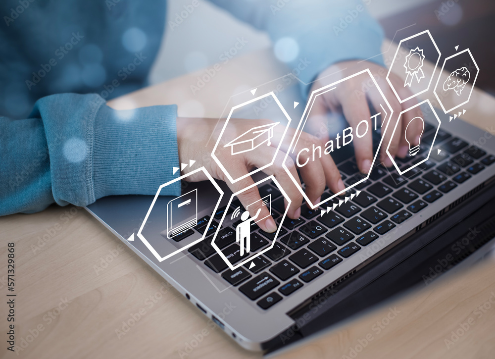 Businessman hold Laptop and touch Chat bot Chat with AI, Artificial ...