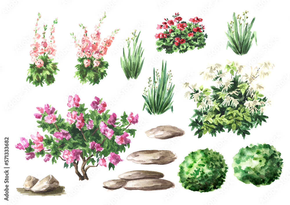 Landscape design elements set 2. Hand drawn watercolor illustration ...