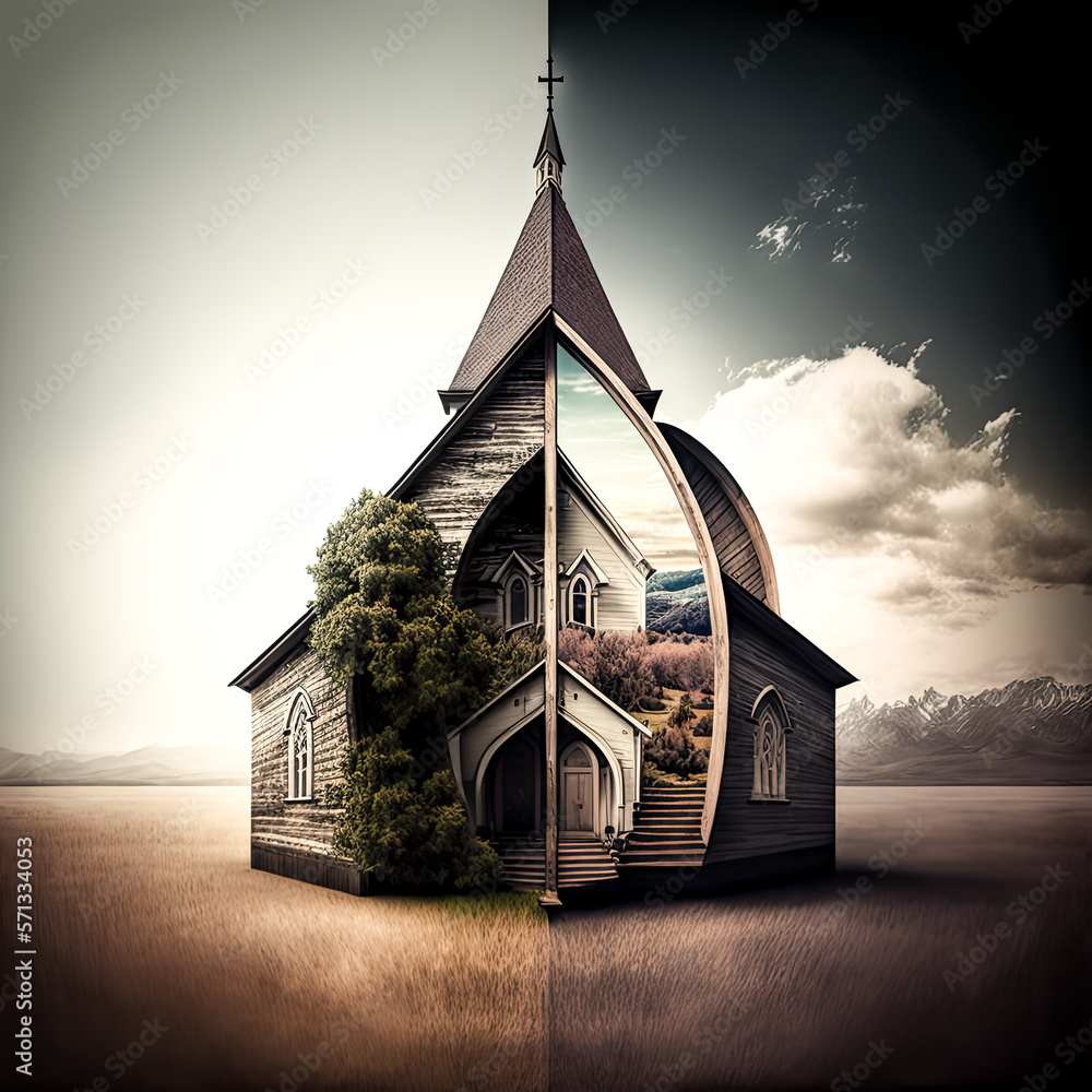 Photo & Art Print A church was divided into two parts. - Generative AI ...