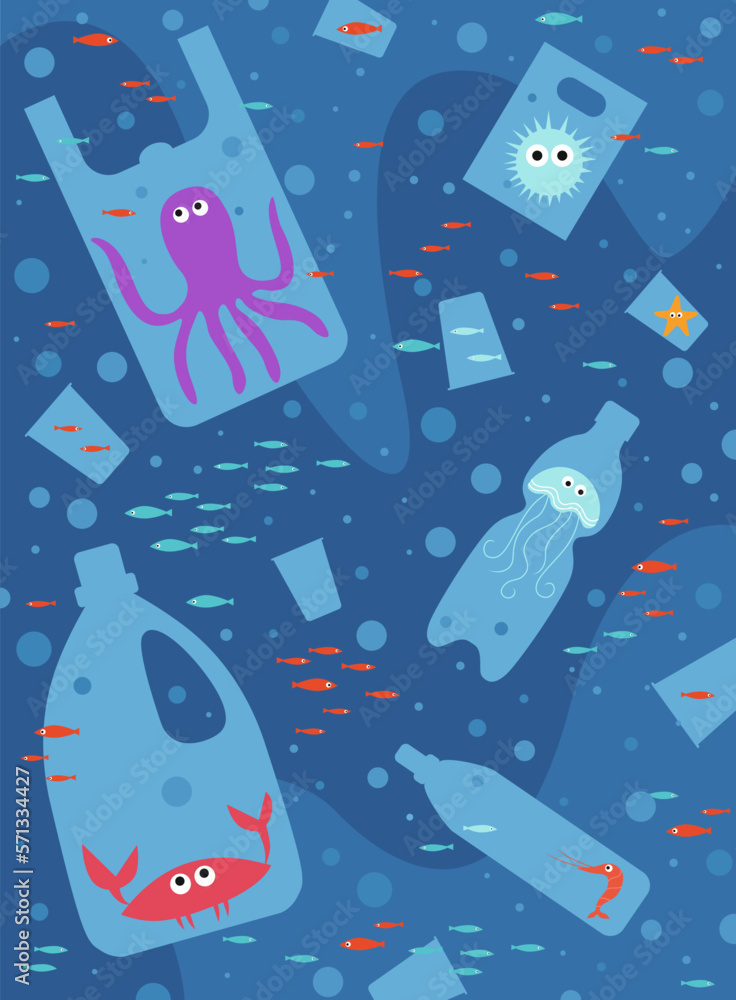 Save the oceans poster. Illustration of the sea animals, mollusks ...