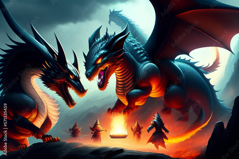 Fire breathes explode from a giant dragon in a black night, the epic ...