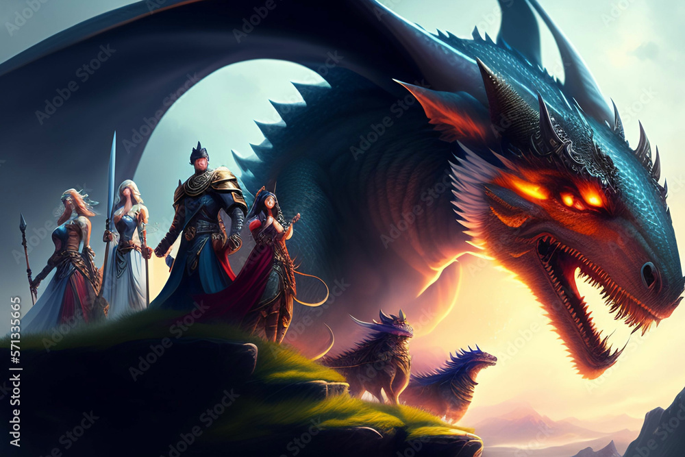 dark knight warrior in the battle with giant fire dragon knight with ...