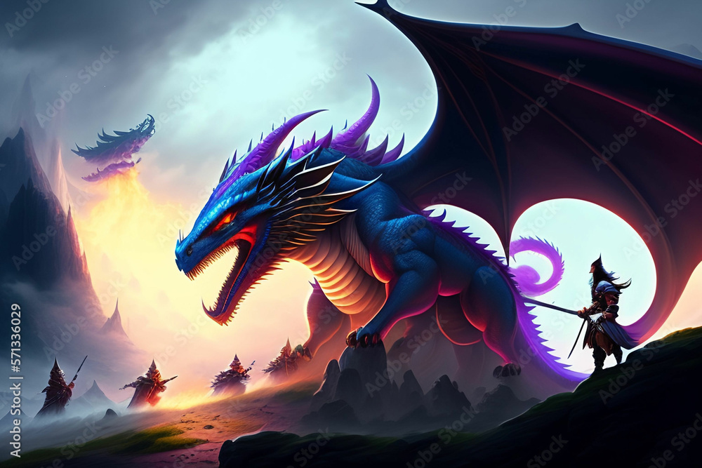 dark knight warrior in the battle with giant fire dragon knight with ...