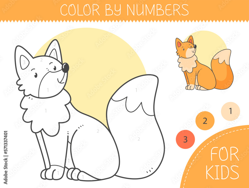 Color by numbers coloring page for kids with fox. Coloring book with ...