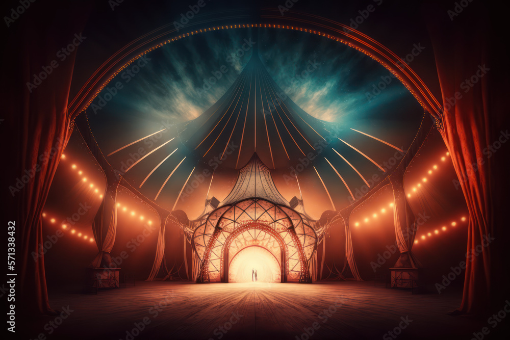 Image from inside a large circus illuminated by beautiful lights in its ...