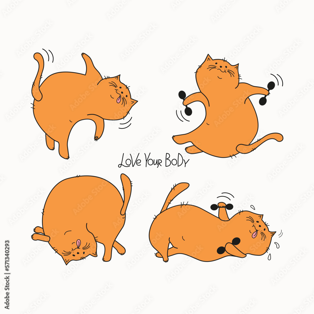 Cartoon Cats Set, lettering. Body positive . Fat happy cats doing ...