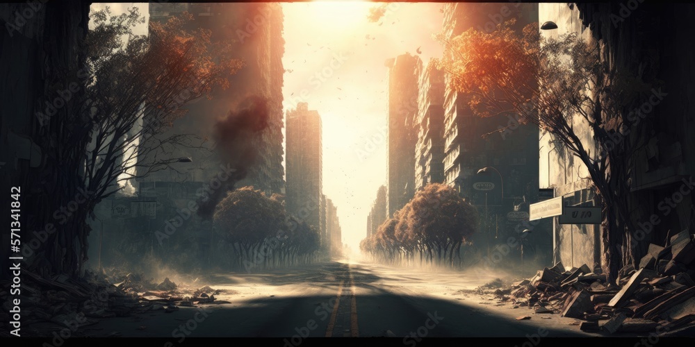 A burned city street with no life generative ai apocalyptic scene Stock ...