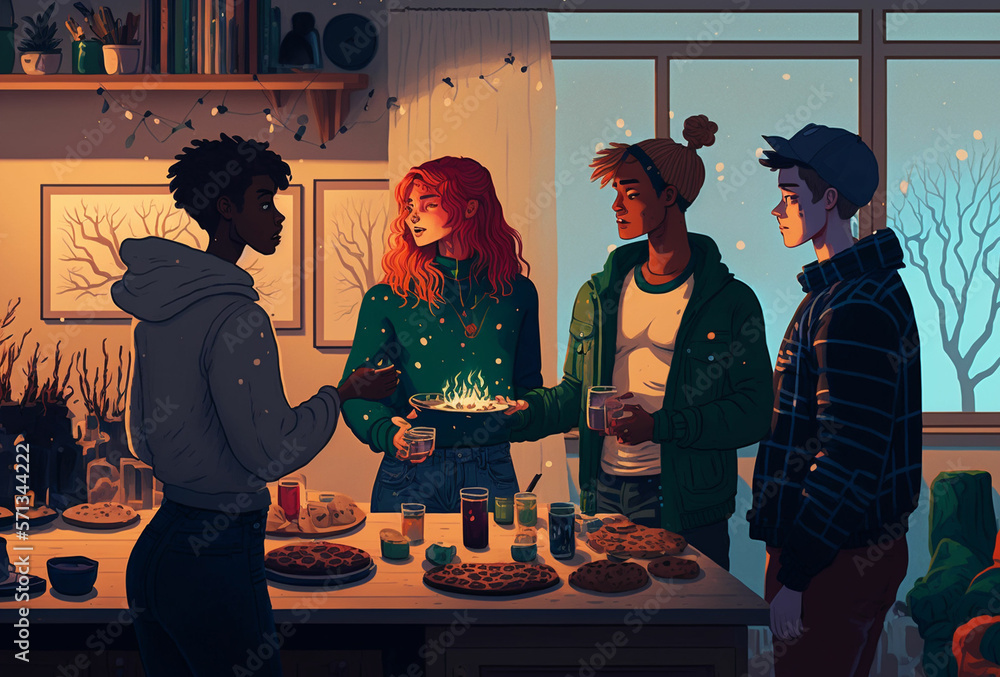 Gen-Z young friends partying indoor - AI Generative Stock Illustration ...