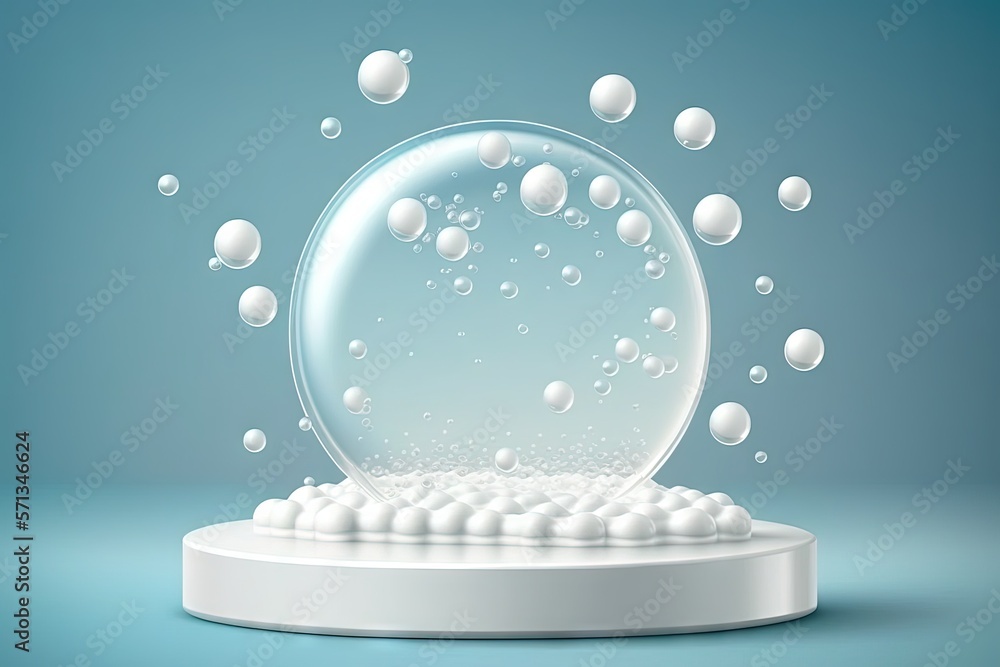 Air bubbles on a round, white platform floating on blue sea. For a ...