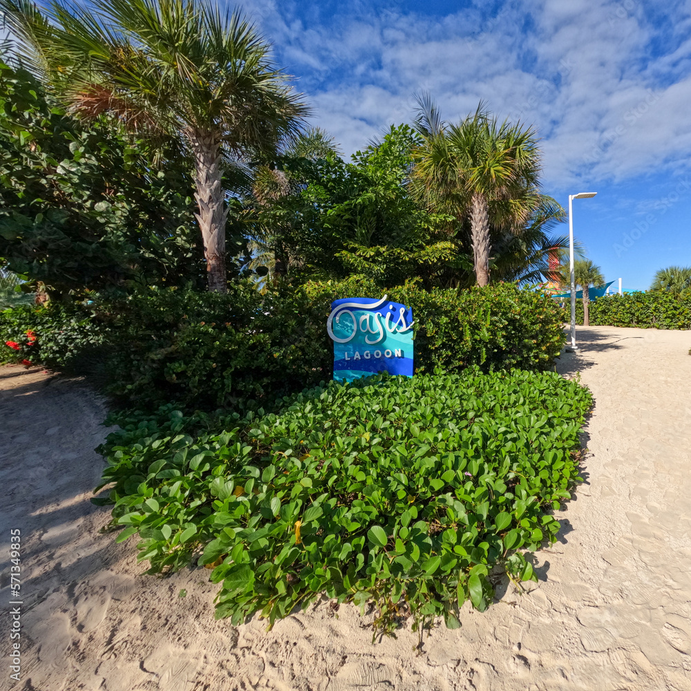 The Oasis Pool sign at Coco Cay which is Royal Caribbean Cruise Lines ...