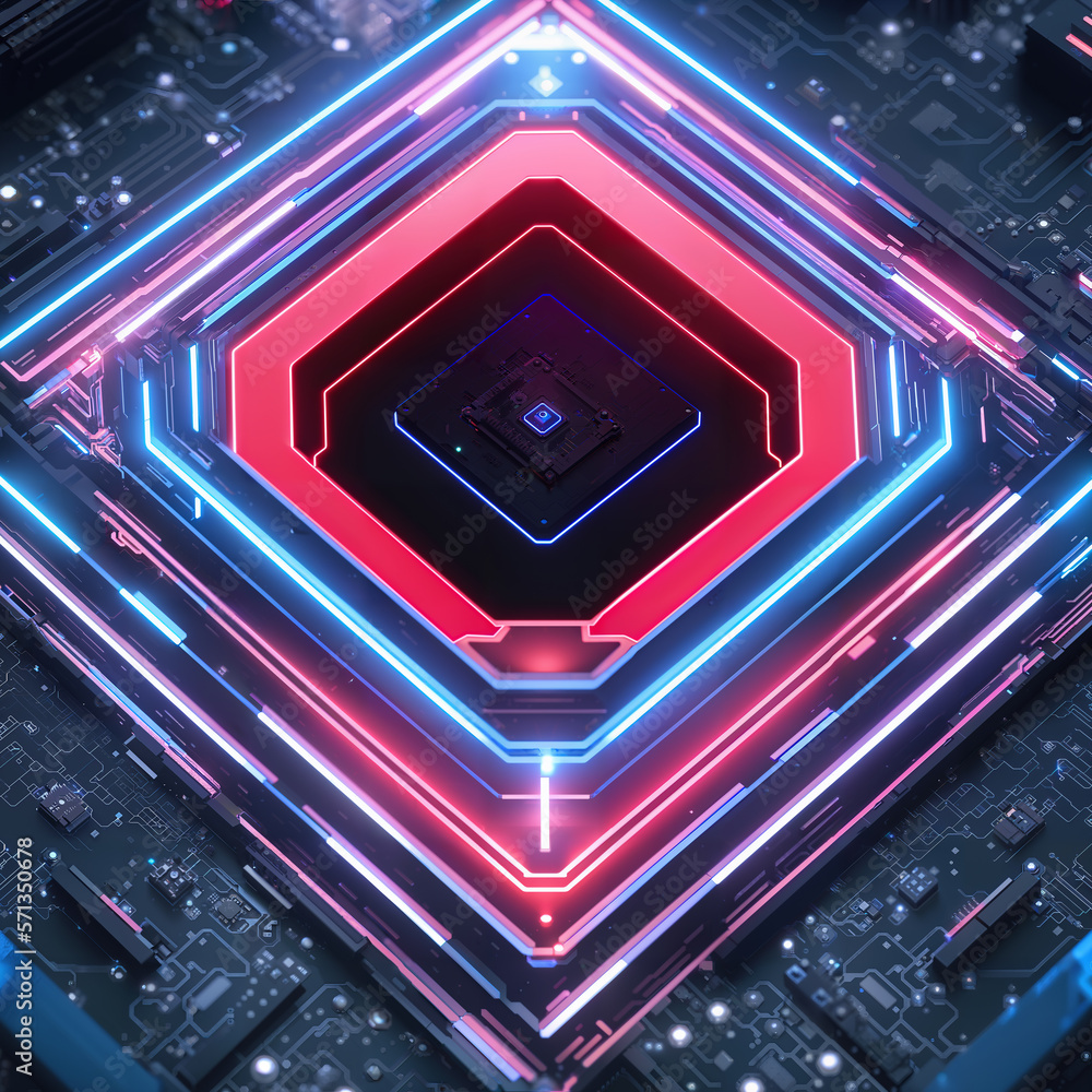 CPU chip technology. A digital microchip atop a motherboard with ...