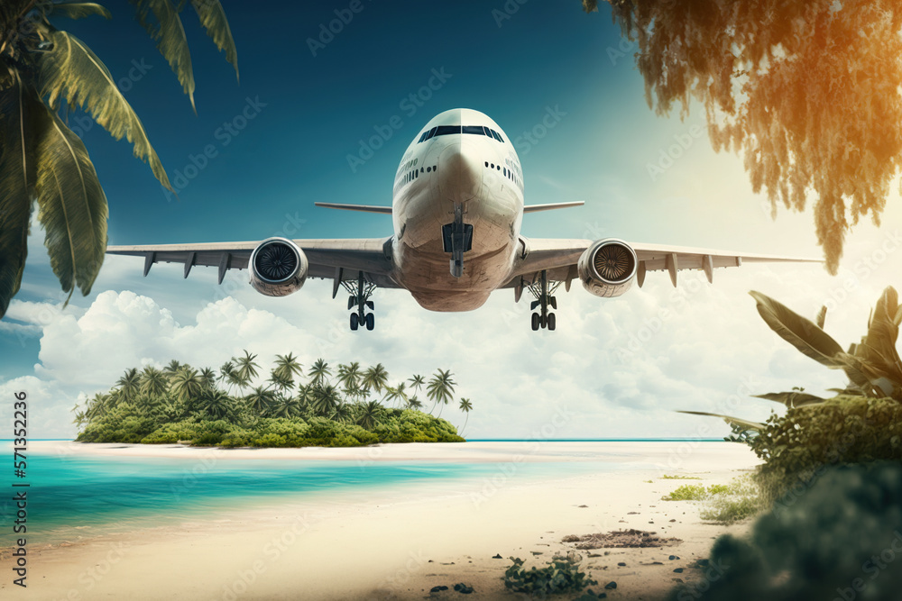 Airplane landing at tropical resort, plane flying above sea beach and ...