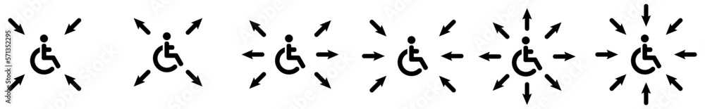 Arrows pointing to disabled person in wheelchair icon. Concept of ...