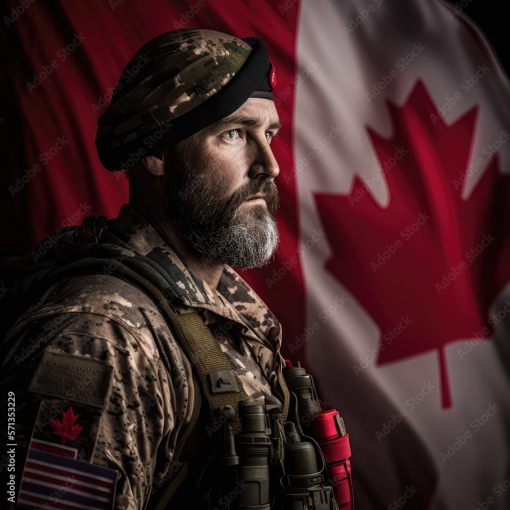 old soldier in uniform with flag, Canadian flag at background ...