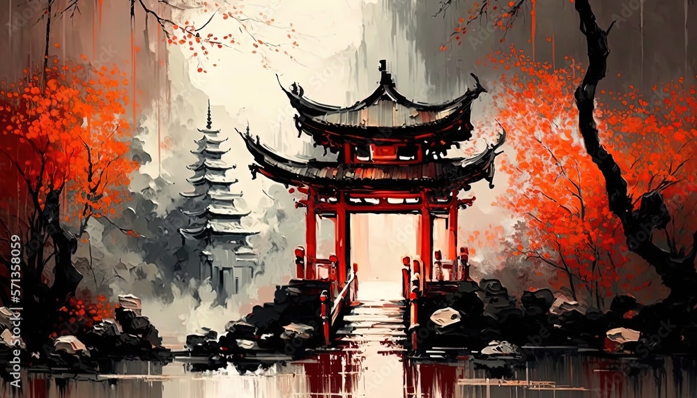 paint like illustration of beautiful ancient Asian village small town ...