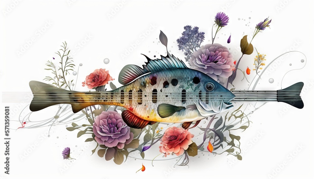 a painting of a fish surrounded by flowers and leaves on a white ...