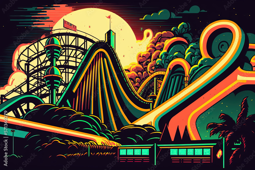 Multi-coloured digital art of retro theme park with roller coasters ...