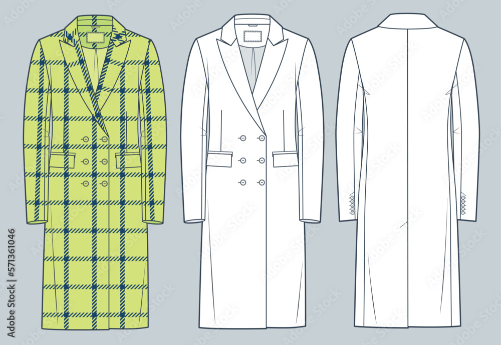 Сlassic double breasted Coat technical fashion illustration, yellow ...