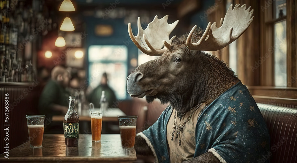 Bull moose with antlers with drinks and a beer sitting in a bar ...
