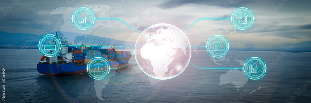Transportation and logistic network distribution. Container cargo ship ...