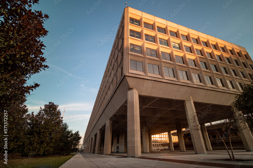 The golden hour light is cast on the James V. Forrestal Building, the ...