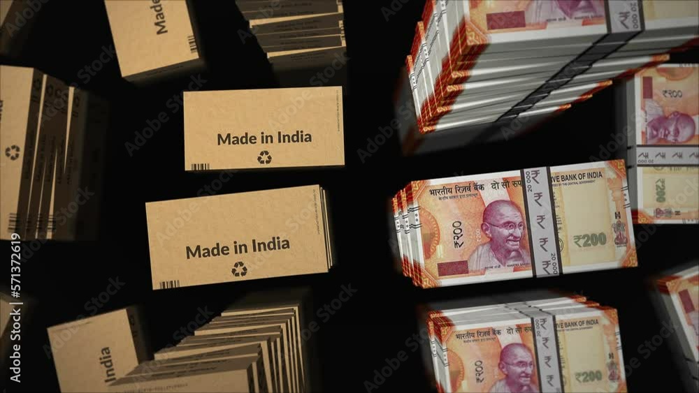 Made in India box line with India Rupee money bundle stacks. Export ...
