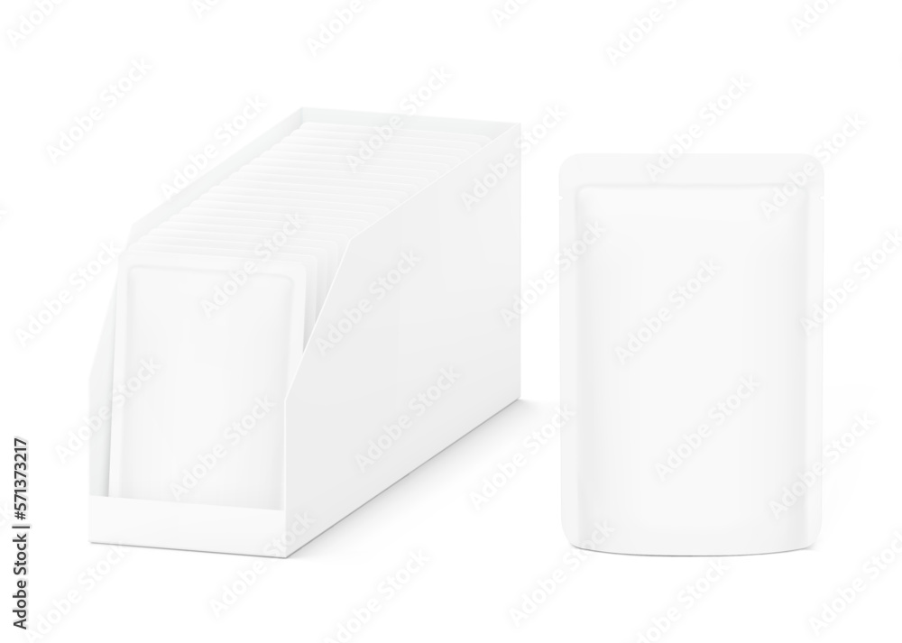 Open pos display box with pouch bags mockup. Vector illustration ...