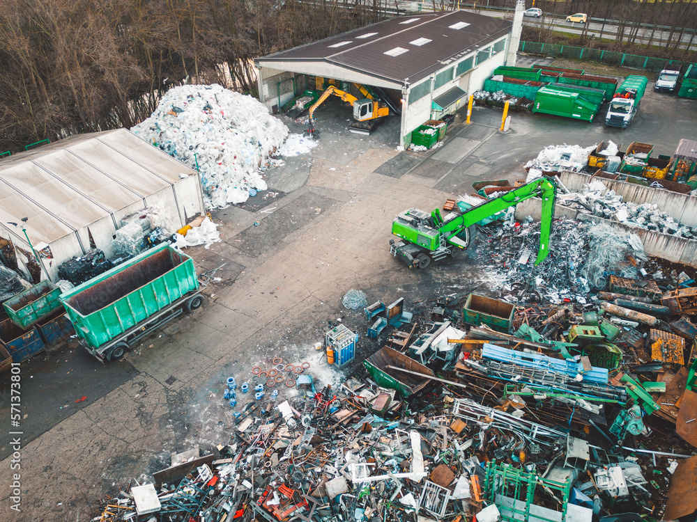 Recycling center, view from the air, machines sorting out heavy metals ...