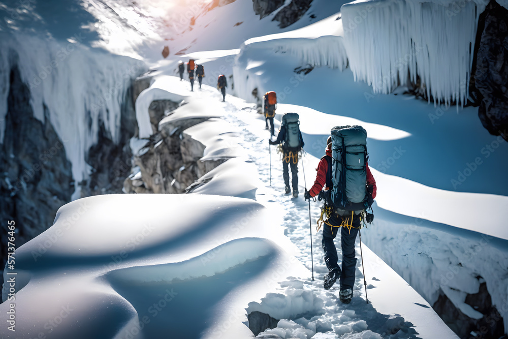 Group of mountain climbers climb the slope to the peak in sunny weather ...