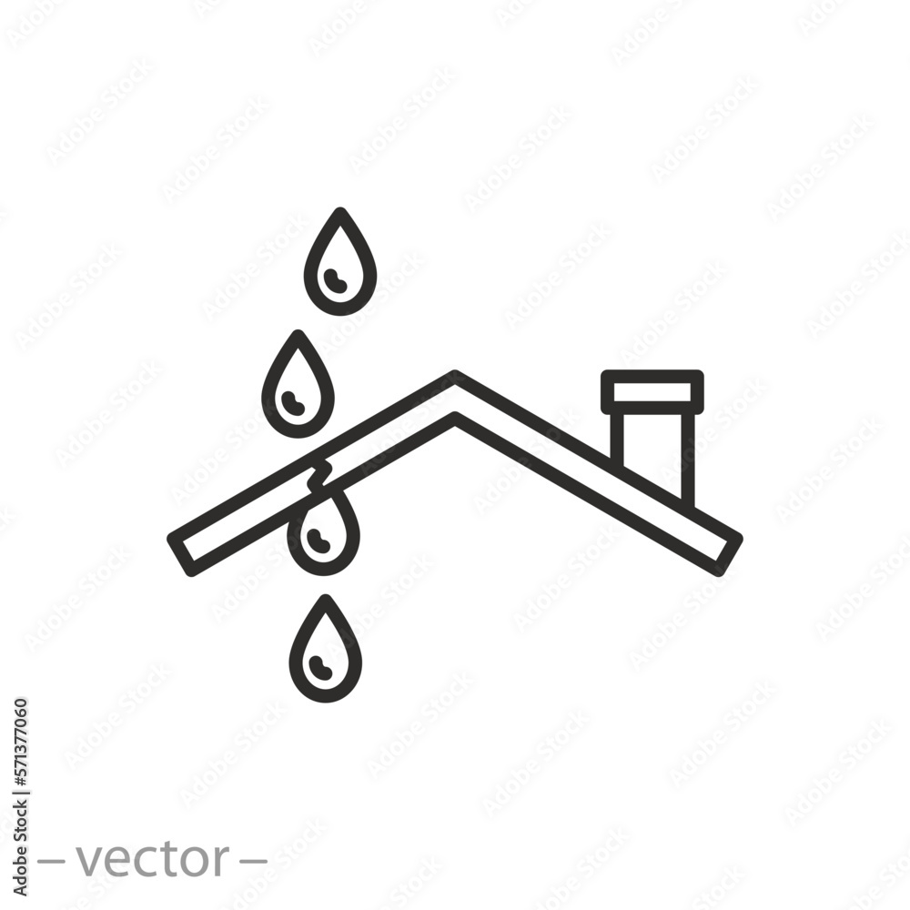 ceiling leak icon, leaking roof house, thin line symbol on white ...
