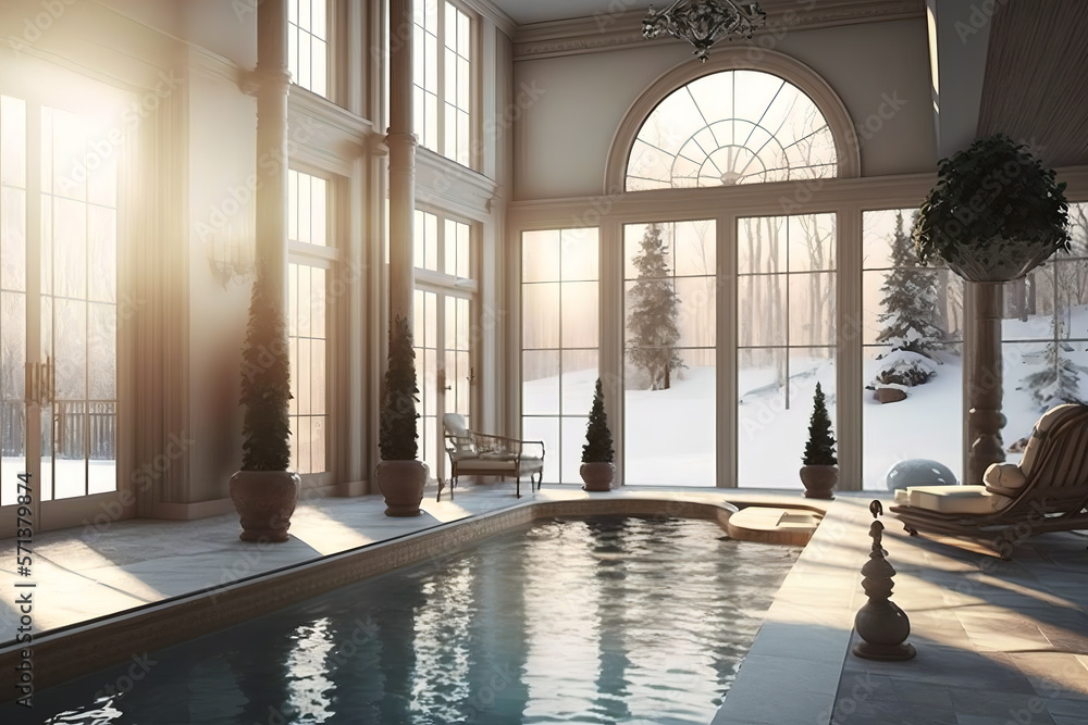 A luxurious spa with an indoor pool, surrounded by large windows and ...