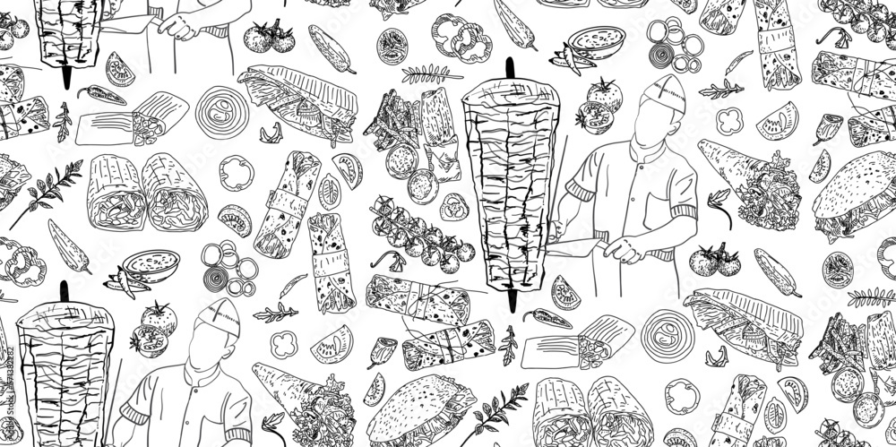 Shawarma Kebab pattern fast food. Seamless pattern. Concept of doner ...
