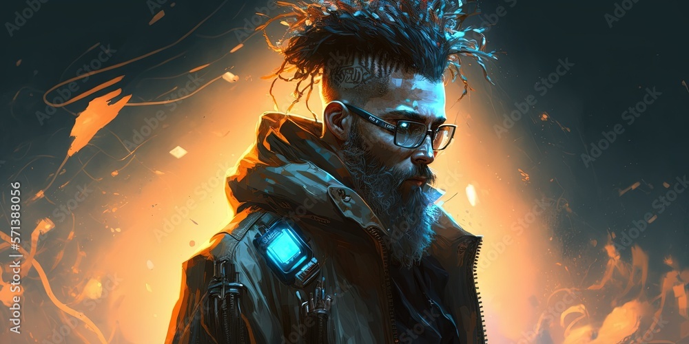 From a smoke filled portal, a cyberpunk man from the future appears. a ...