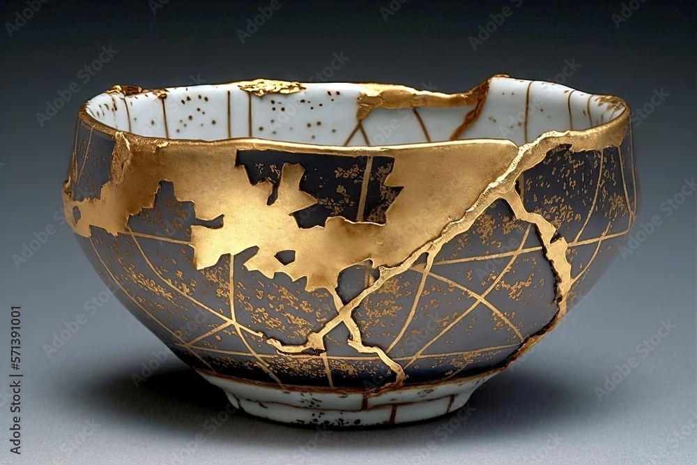 The Kintsugi bowl. The antique restoration method was used to repair ...