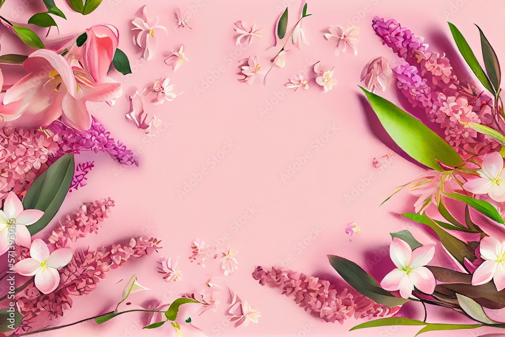 Pink background with spring flowers, festive composition for spring ...
