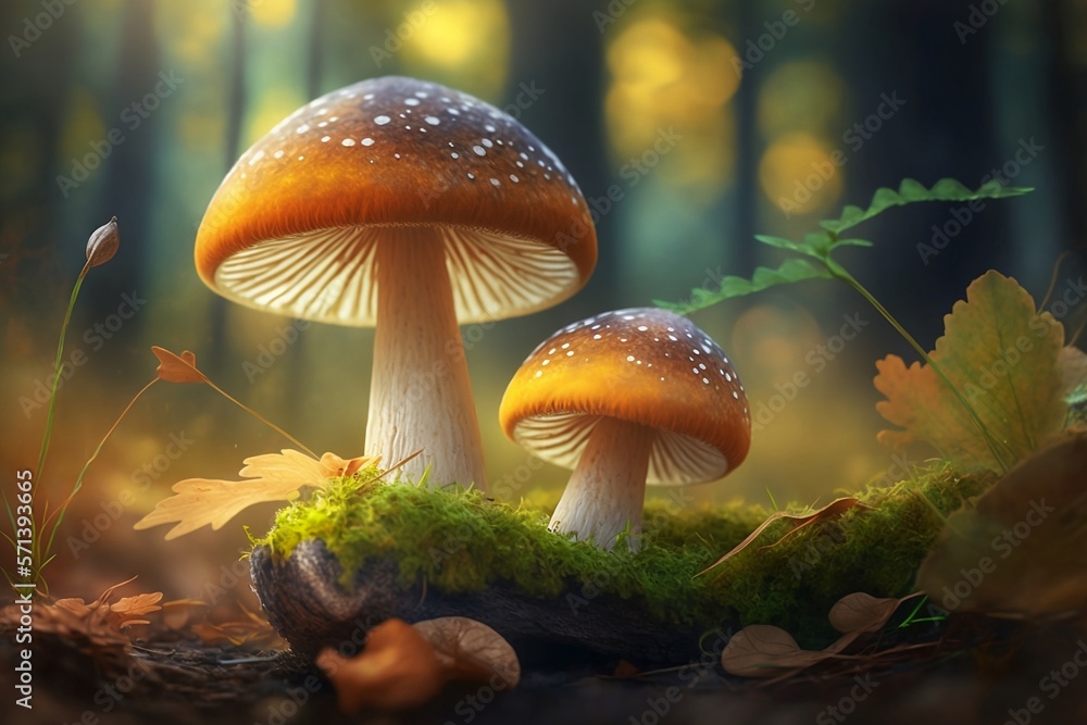 mushrooms, fungi in the forest, genertaive AI, mycelium, spore ...