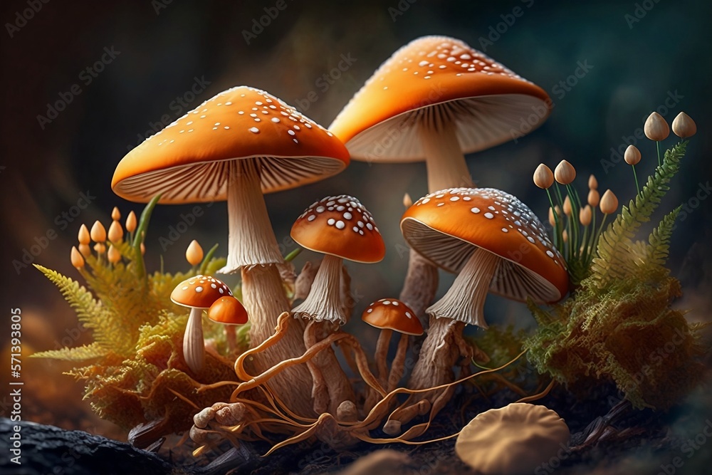 mushrooms, fungi in the forest, genertaive AI, mycelium, spore ...