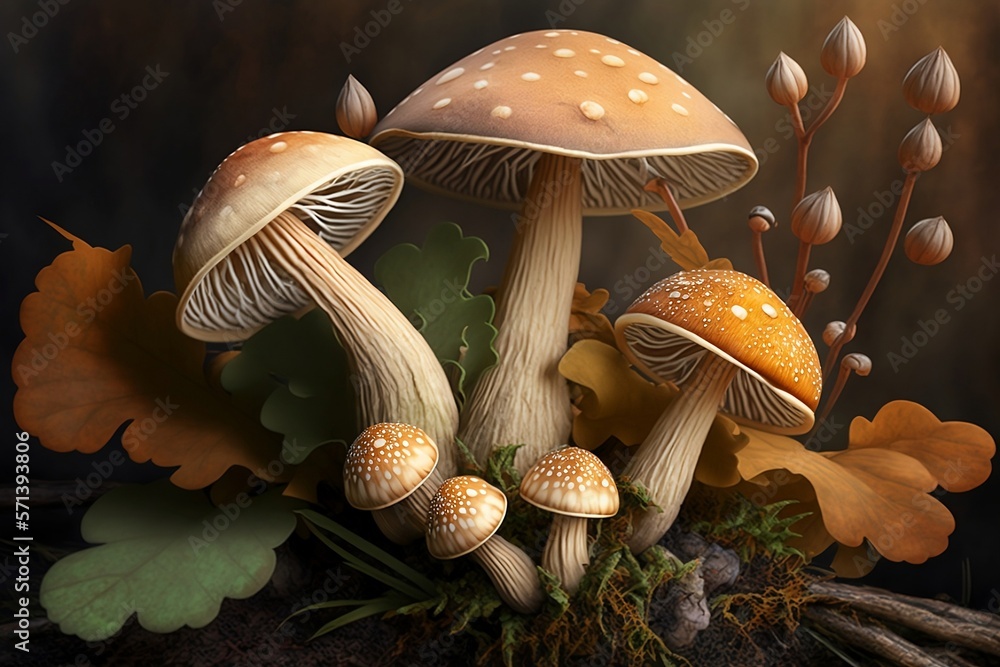 mushrooms, fungi in the forest, genertaive AI, mycelium, spore ...