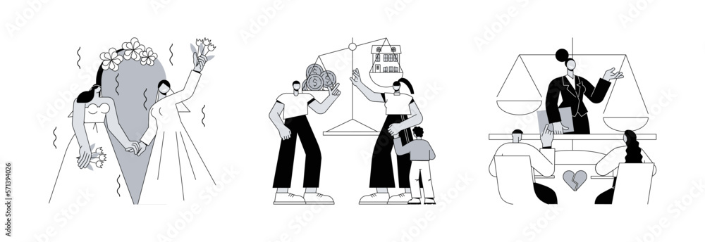 Family law abstract concept vector illustration set. Civil union ...
