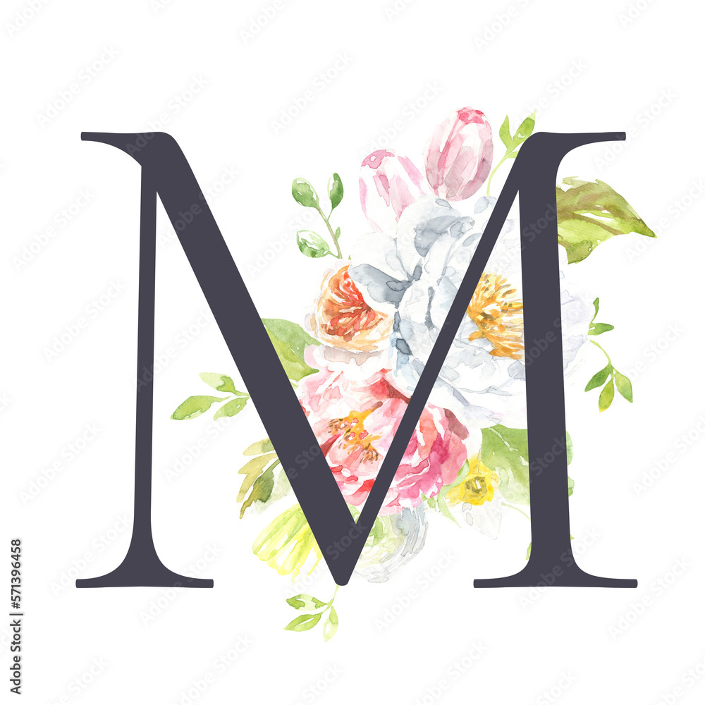 Watercolor Black,charcoal floral alphabet. Spring flowers letter M ...
