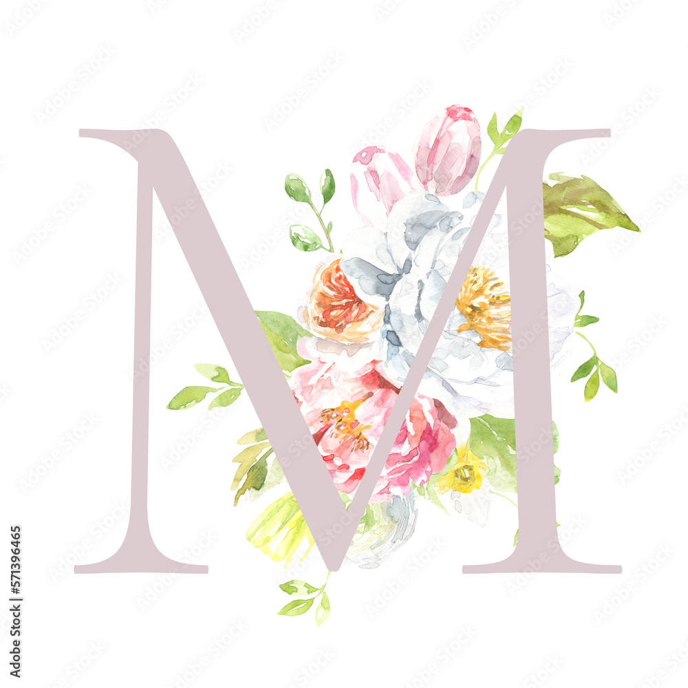 Watercolor Rose blush,pale floral alphabet. Spring flowers letter M ...