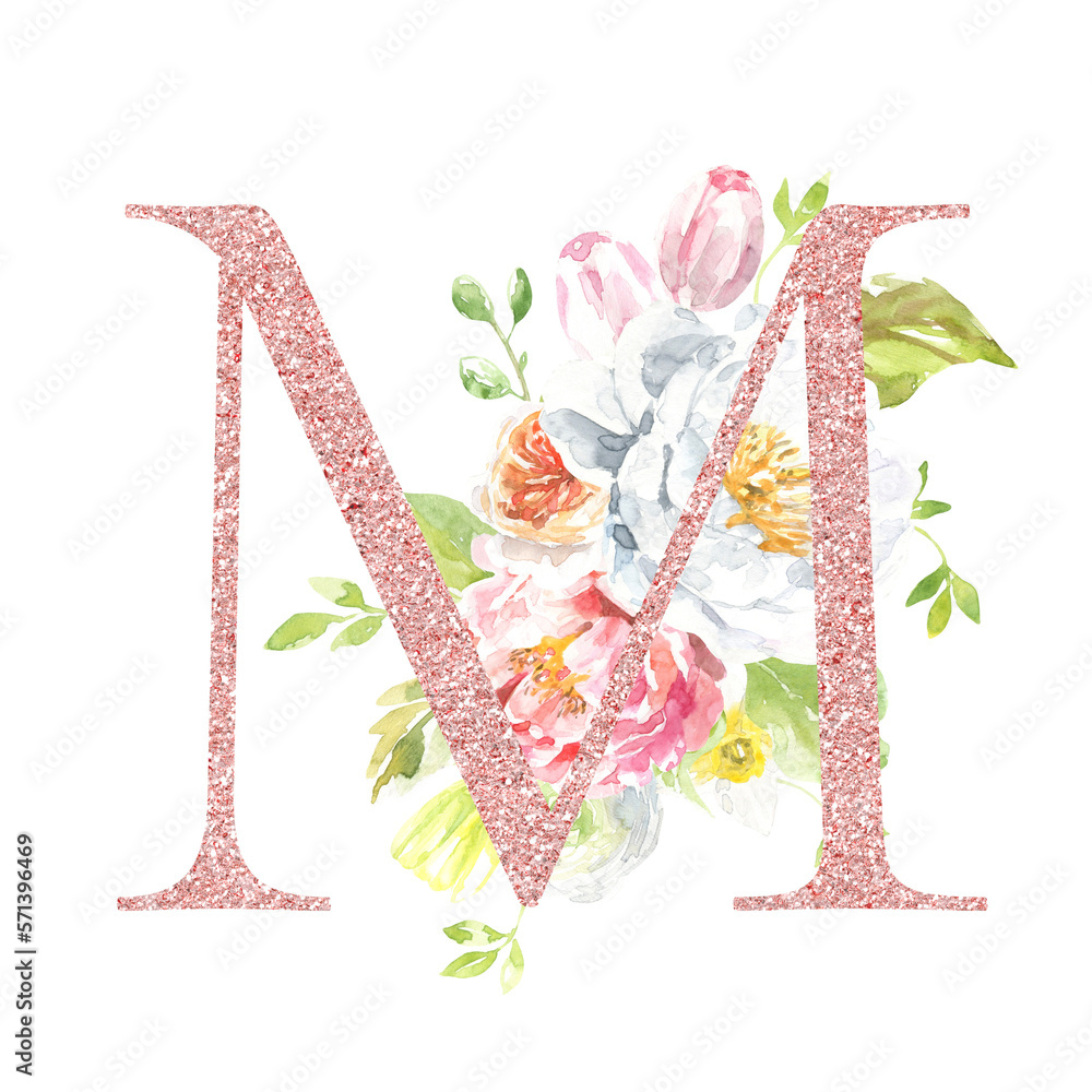 Watercolor Rose gold glitter floral alphabet. Spring flowers letter M ...